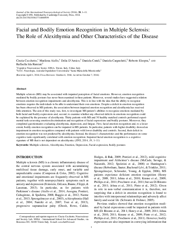 (PDF) Facial and Bodily Emotion Recognition in Multiple Sclerosis: The Role of Alexithymia and ...