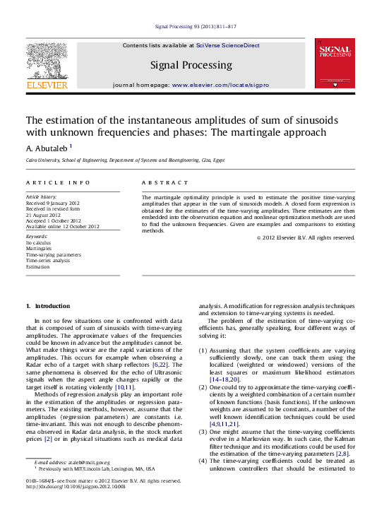 (PDF) The estimation of the instantaneous amplitudes of sum of sinusoids with unknown ...