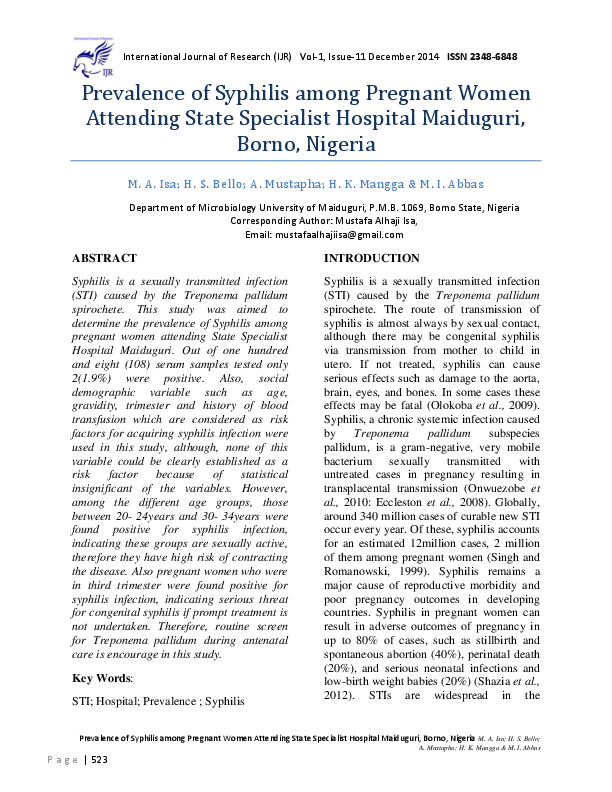 Pdf Prevalence Of Syphilis Among Pregnant Women Attending State 7336