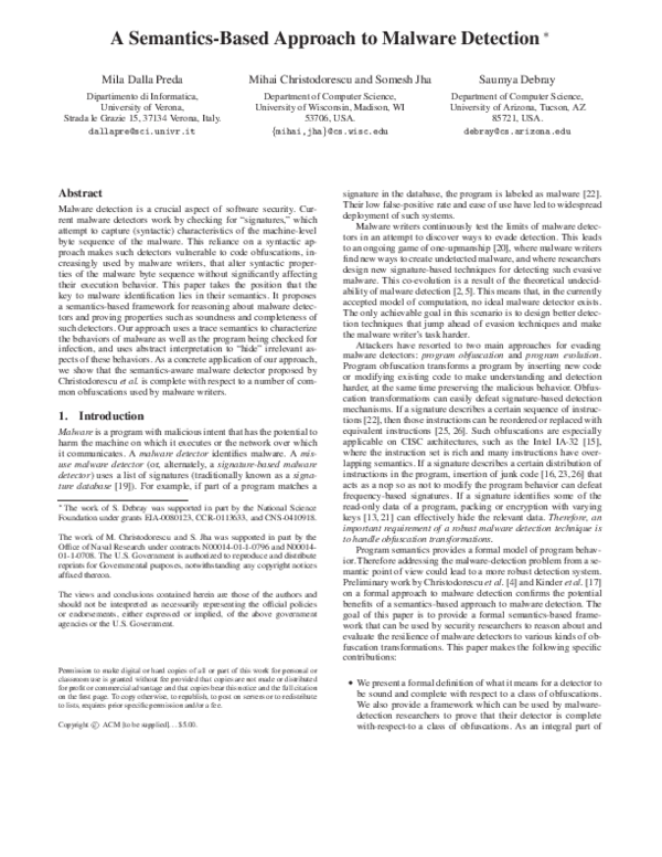 (PDF) A semantics-based approach to malware detection