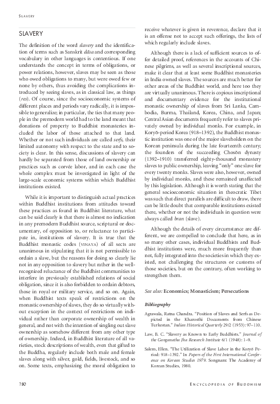 (PDF) "Slavery" in Robert Buswell, Jr., ed., The Encyclopedia of Buddhism