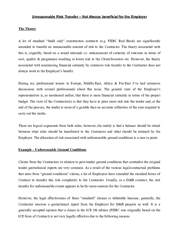 (DOC) Unreasonable Risk Transfer – Not Always beneficial for the Employer