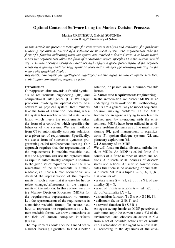 (PDF) Optimal Control of Software Using the Markov Decision Processes