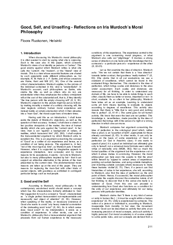 (PDF) Good, Self, and Unselfing - Reflections on Iris Murdoch's Moral ...