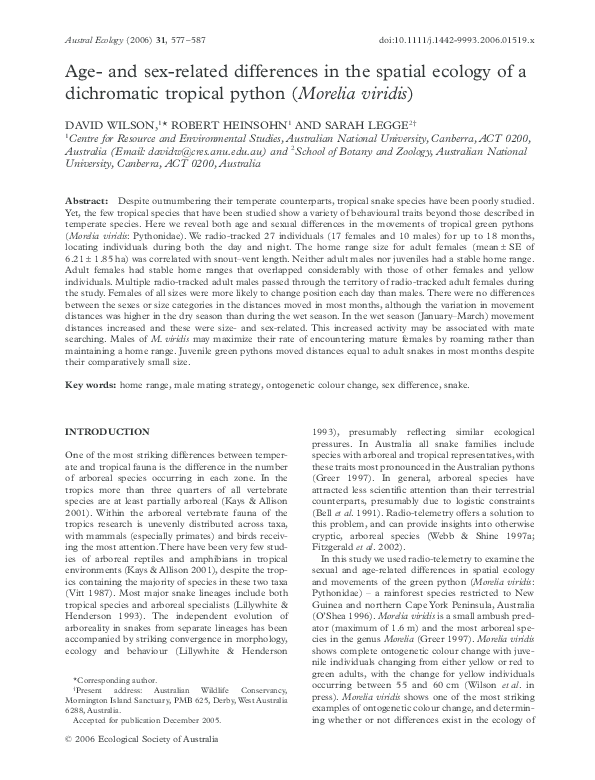 Pdf Age And Sex Related Differences In The Spatial Ecology Of A Dichromatic Tropical Python 8171