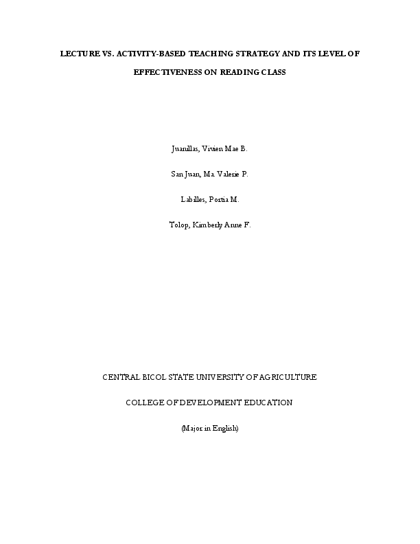 Doc Lecture Vs Activity Based Teaching Strategy And Its Level Of Effectiveness On Reading Class