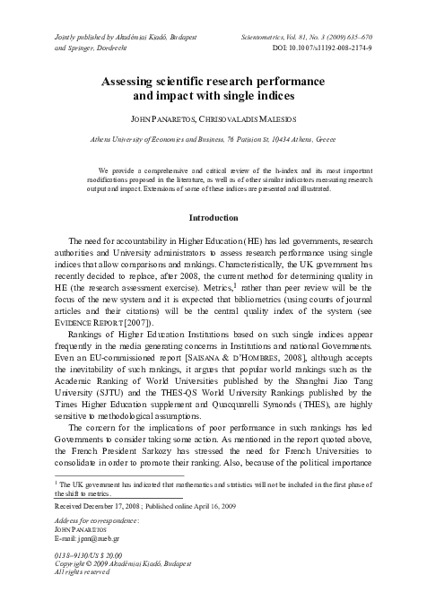 Assessing Scientific Research Performance and Impact with Single Indices