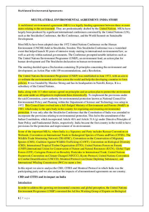 (DOC) MULTILATERAL ENVIRONMENTAL AGREEMENT: INDIA STORY
