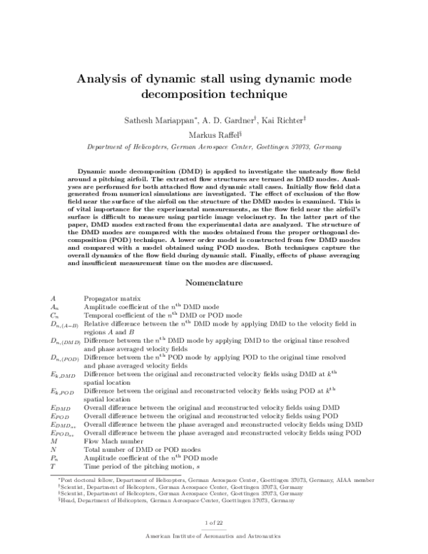 Pdf Analysis Of Dynamic Stall Using Dynamic Mode Decomposition Technique