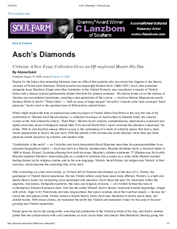 (PDF) Sholem Asch Reconsidered by Nanette Stahl THE FORWARD