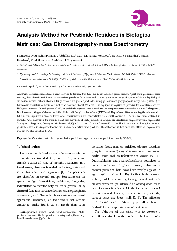 (PDF) Analysis Method for Pesticide Residues in Biological Matrices: Gas Chromatography-mass ...