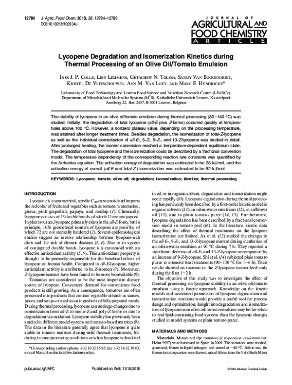 Lycopene Degradation and Isomerization Kinetics during Thermal ...