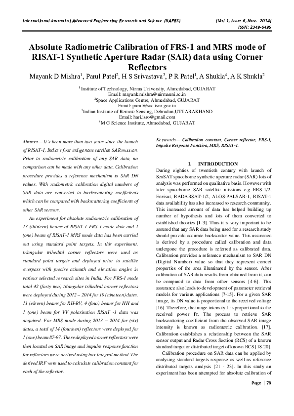 Pdf Absolute Radiometric Calibration Of Frs 1 And Mrs Mode Of Risat 1 Synthetic Aperture Radar