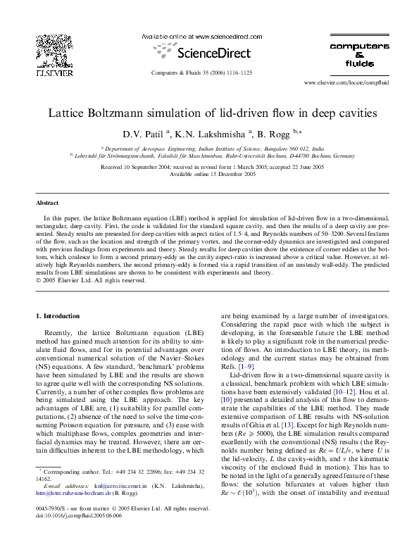 Pdf Lattice Boltzmann Simulation Of Lid Driven Flow In Deep Cavities Dhiraj V Patil