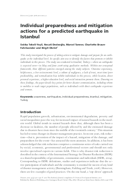 (PDF) Earthquake awareness and perception of risk among the residents of Istanbul