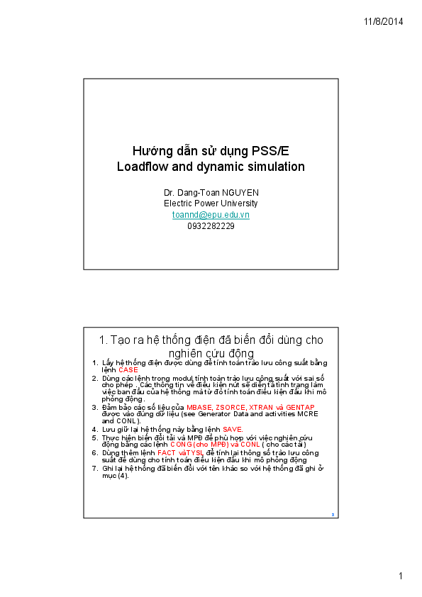 (PDF) Hướng dẫn sử dụng PSS/E Loadflow and dynamic simulation