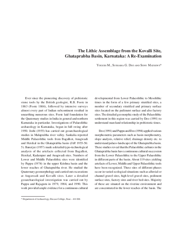 (PDF) The Lithic Assemblage from the Kovalli Site, Ghataprabha Basin, Karnataka: A Re-Examination
