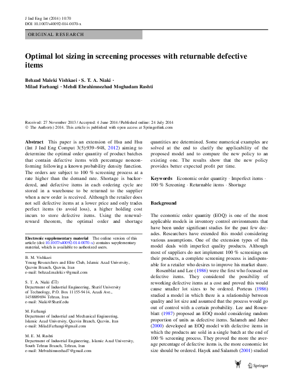 (PDF) Optimal lot sizing in screening processes with returnable ...