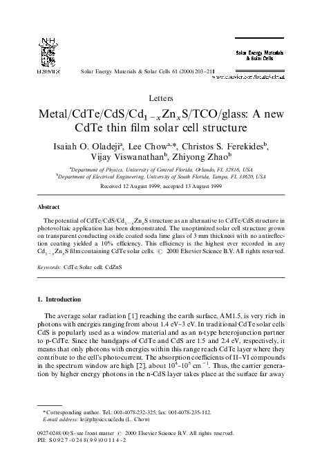(PDF) Metal/CdTe/CdS/Cd 1~x Zn x S/TCO/glass: A new CdTe thin "lm solar ...