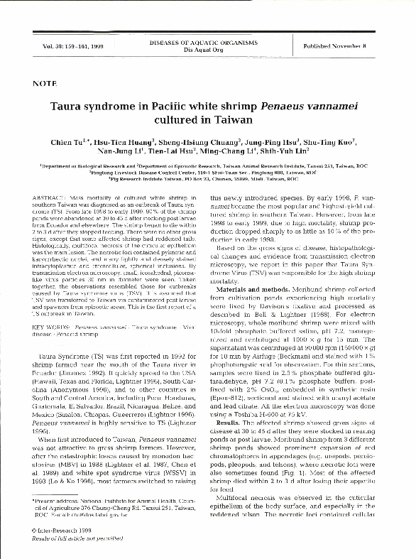 (PDF) Taura syndrome in Pacific white shrimp Penaeus vannamei cultured ...