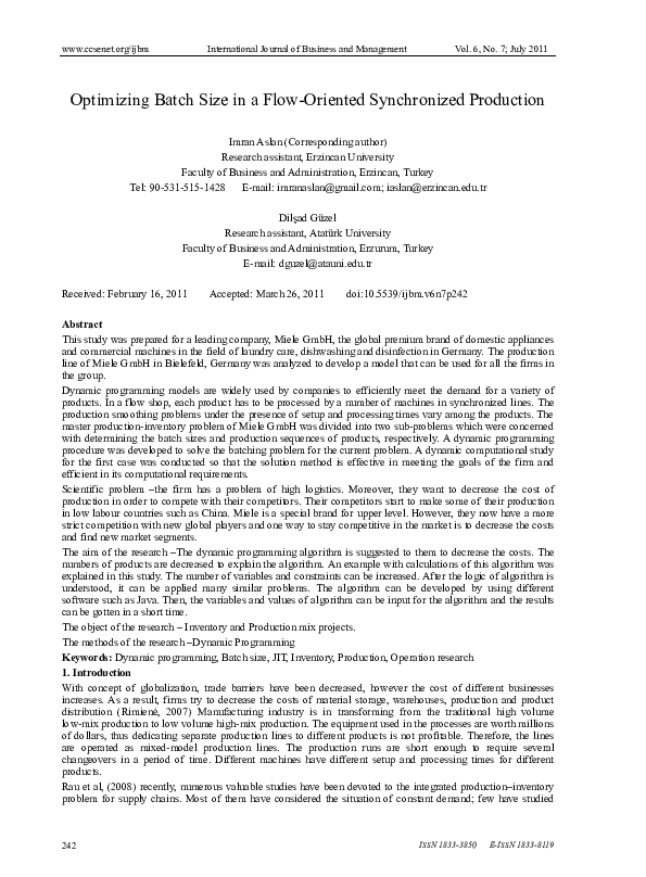 Pdf Optimizing Batch Size In A Flow Oriented Synchronized Production Imran Aslan