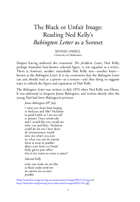 (PDF) THE BLACK OR UNFAIR IMAGE: Reading Ned Kelly's Babington Letter ...