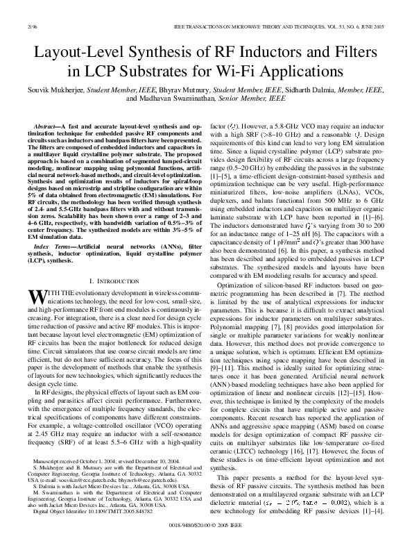 Pdf Layout Level Synthesis Of Rf Inductors And Filters In Lcp Substrates For Wi Fi Applications