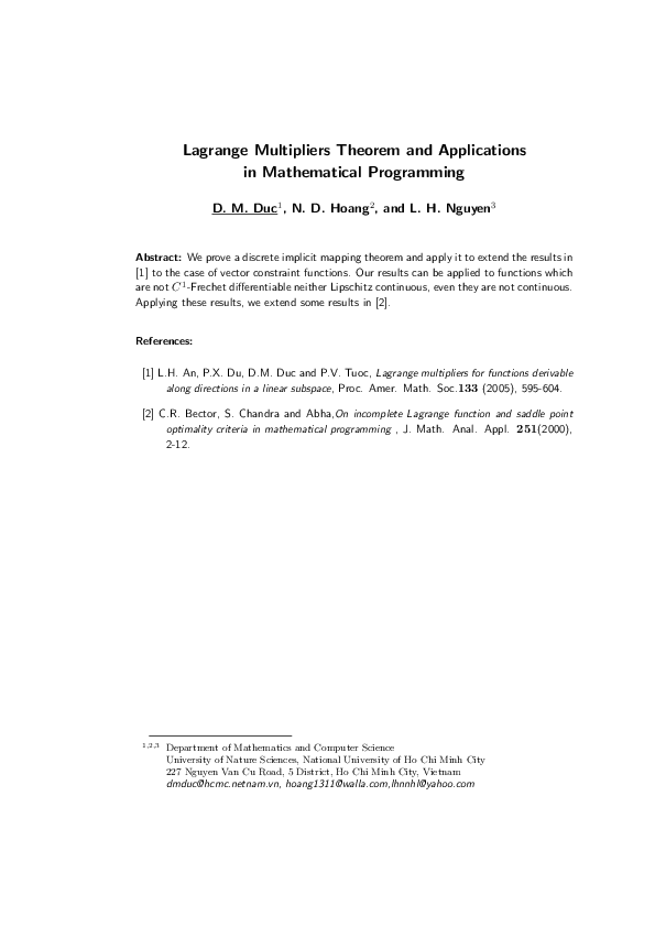 Pdf Lagrange Multipliers Theorem And Applications In Mathematical Programming