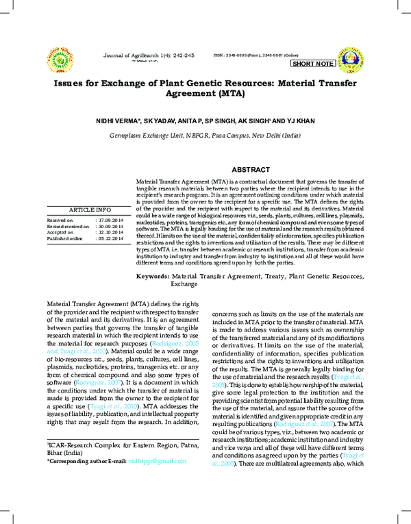 (PDF) Issues for Exchange of Plant Genetic Resources: Material Transfer ...