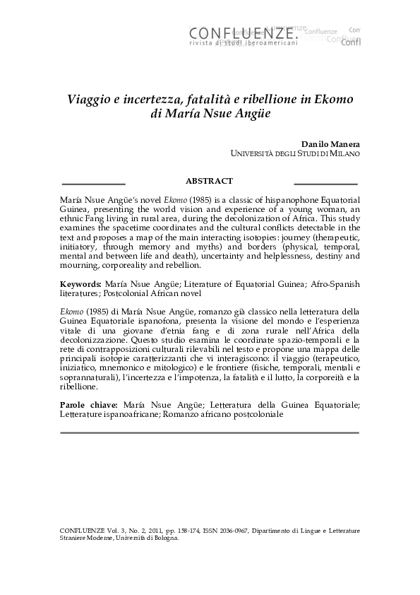 (PDF) Viaggio e incertezza, fatalità e ribellione in “Ekomo” di María ...