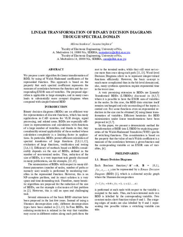 Pdf Linear Transformation Of Binary Decision Diagrams Trough Spectral