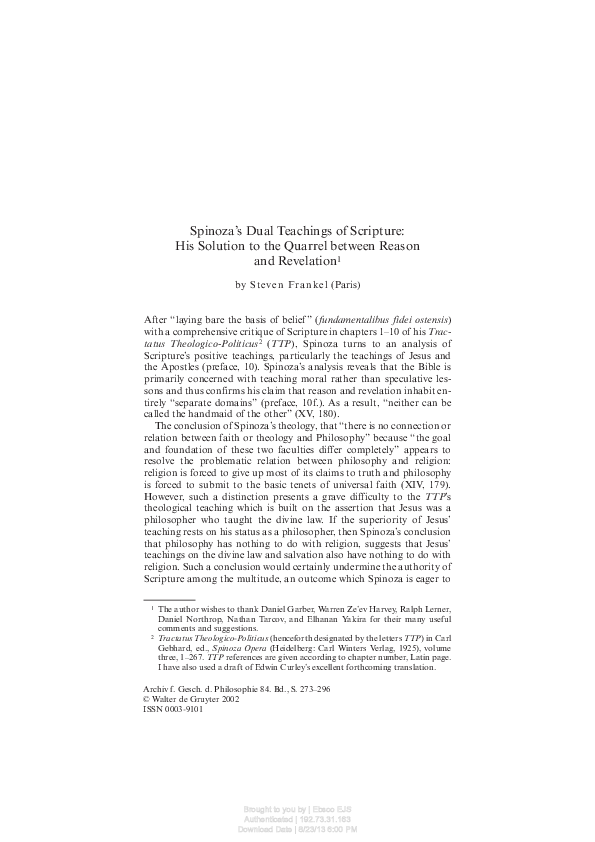 (PDF) Spinoza's Dual Teachings of Scripture: His Solution to the Quarrel between Reason and ...