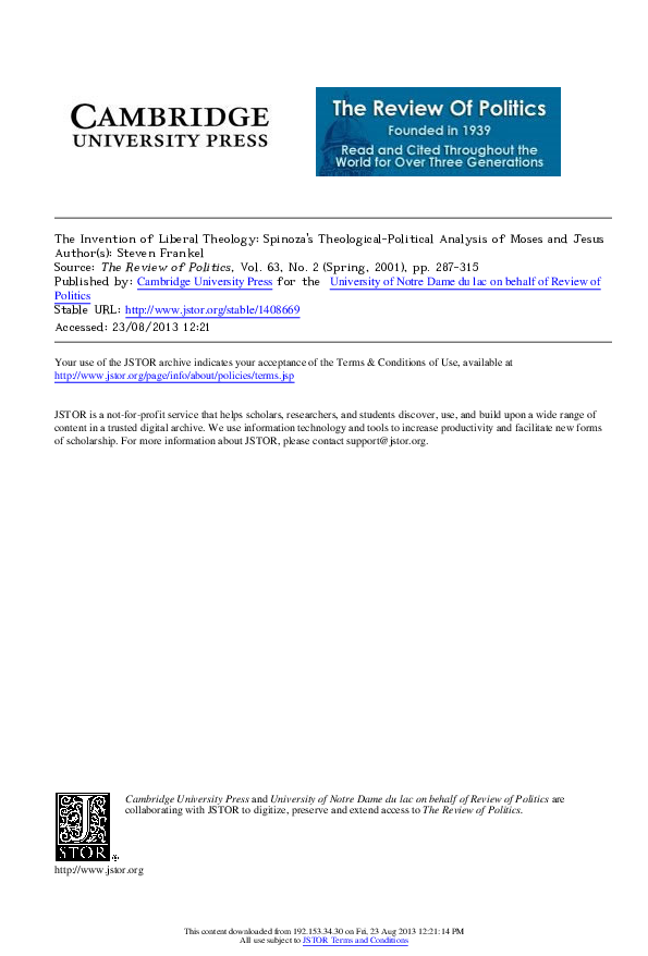 (PDF) The Invention of Liberal Theology: Spinoza's Theological ...