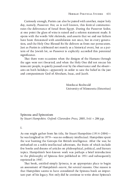 (PDF) Stuart Hampshire's Spinoza and Spinozism | Steven Frankel ...