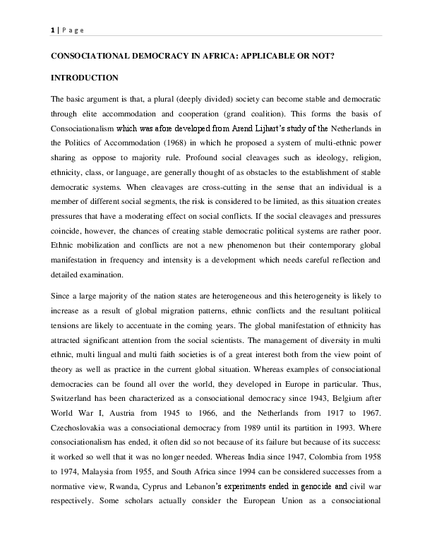 (DOC) CONSOCIATIONAL DEMOCRACY IN AFRICA: APPLICABLE OR NOT?