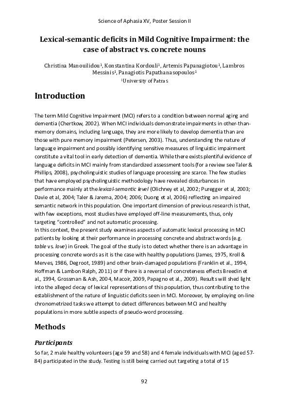 (PDF) Lexical-semantic deficits in Mild Cognitive Impairment: the case of abstract vs. concrete ...