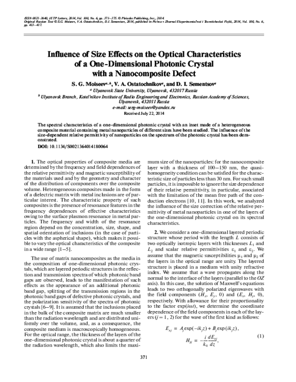 (PDF) Influence of size effects on the optical characteristics of a one ...