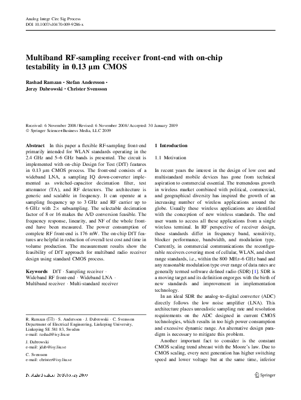 Pdf Multiband Direct Rf Sampling Receiver Front End For Wlan In 013 μm Cmos