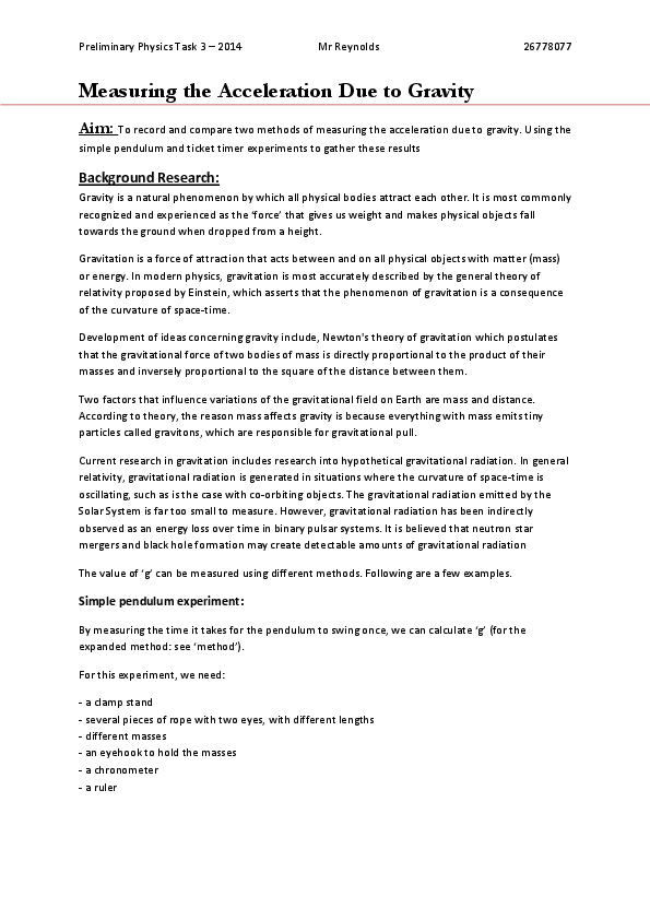 Measuring the Acceleration Due to Gravity
