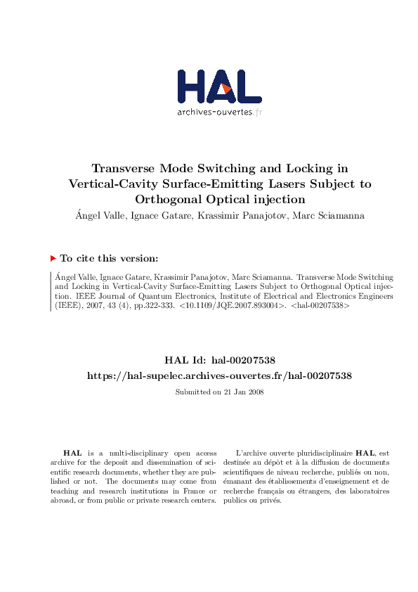 Pdf Transverse Mode Switching And Locking In Vertical Cavity Surface
