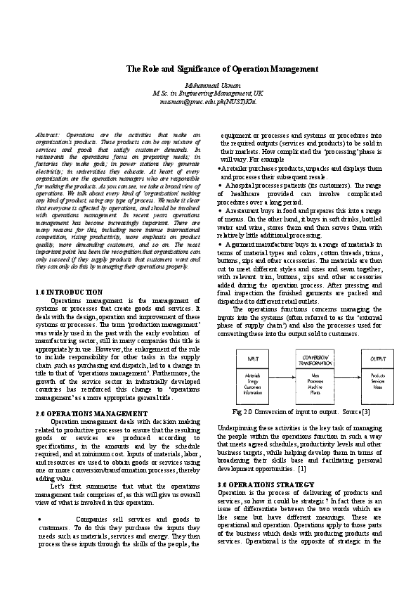 (DOC) The Role and Significance of Operation Management