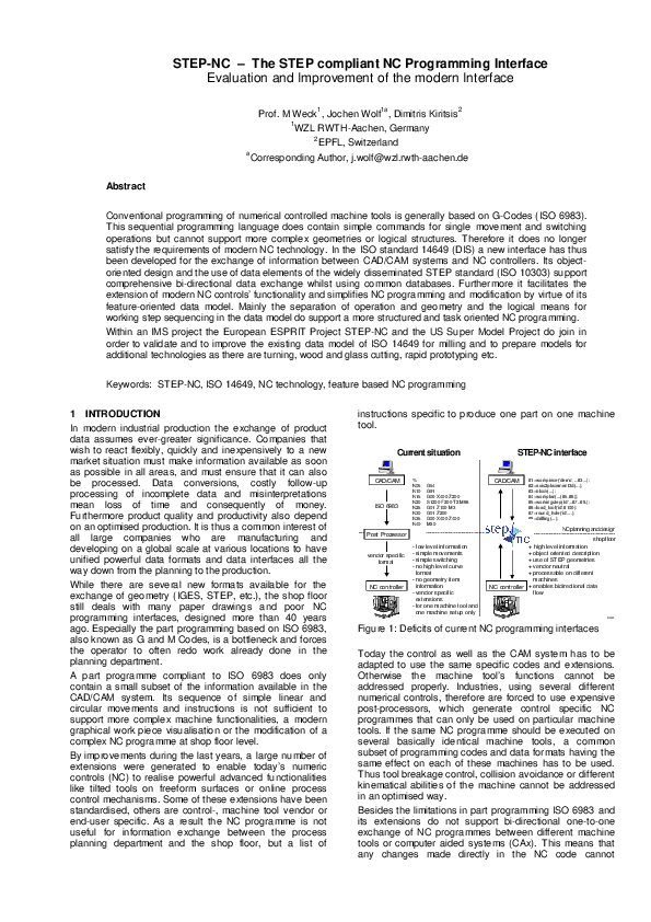 (PDF) STEP-NC – The STEP compliant NC Programming Interface Evaluation and Improvement of the ...