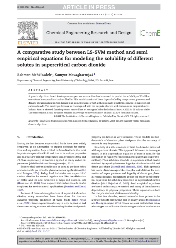 (PDF) A comparative study between LS-SVM method and semi empirical equations for modeling the ...