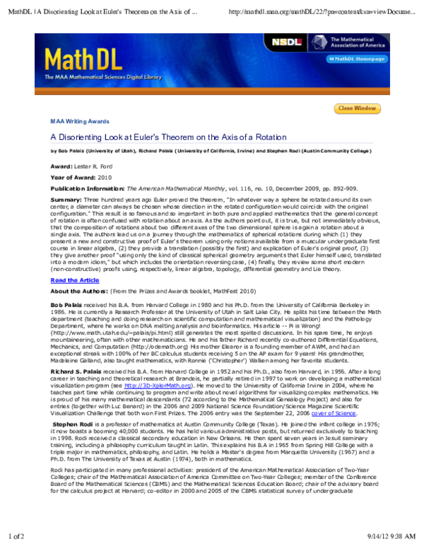 (PDF) Euler’s fixed point theorem: The axis of a rotation