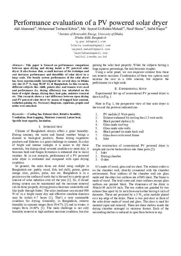 (PDF) Performance evaluation of a PV powered solar dryer