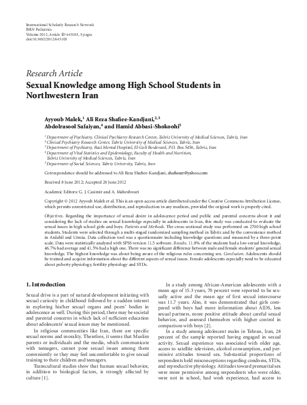 (PDF) Sexual Knowledge among High School Students in Northwestern Iran