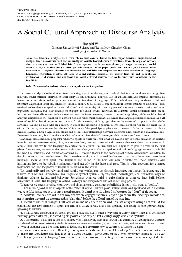 (PDF) A Social Cultural Approach to Discourse Analysis