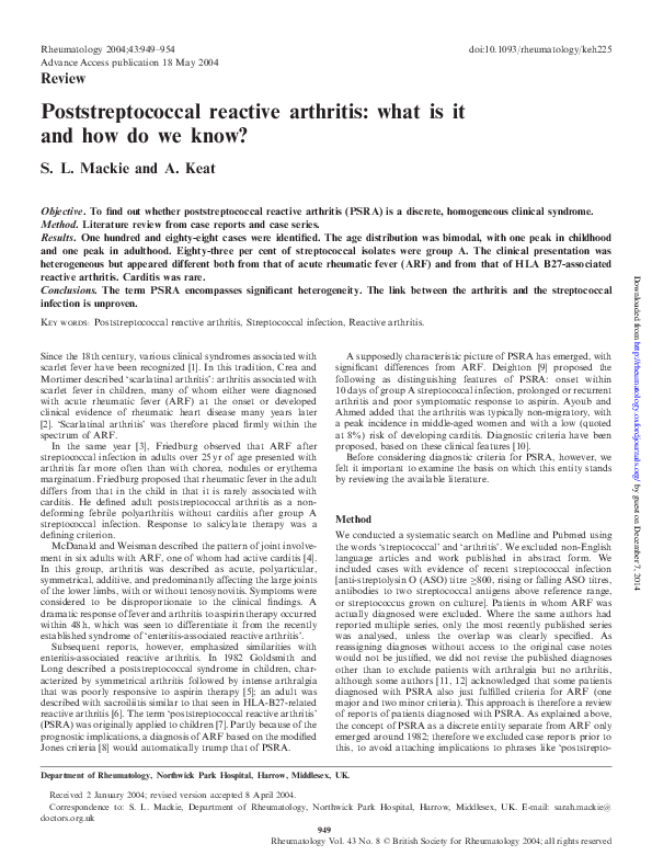 (PDF) Poststreptococcal reactive arthritis: what is it and how do we know