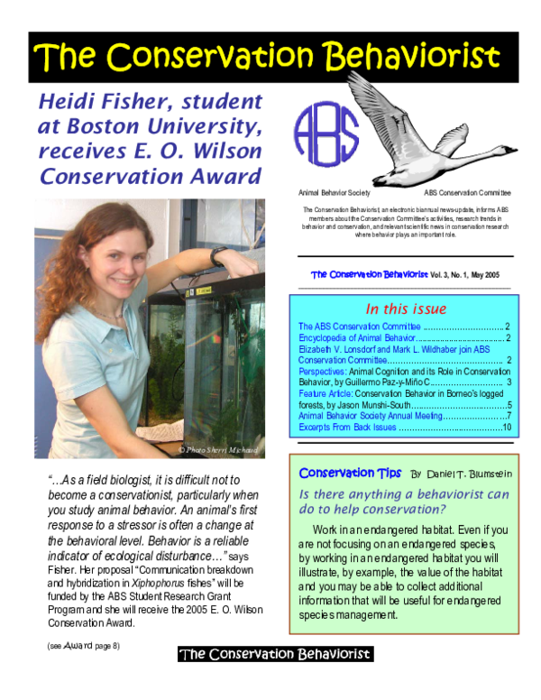The Conservation Behaviorist Vol 3, No. 1 - Animal Behavior Society