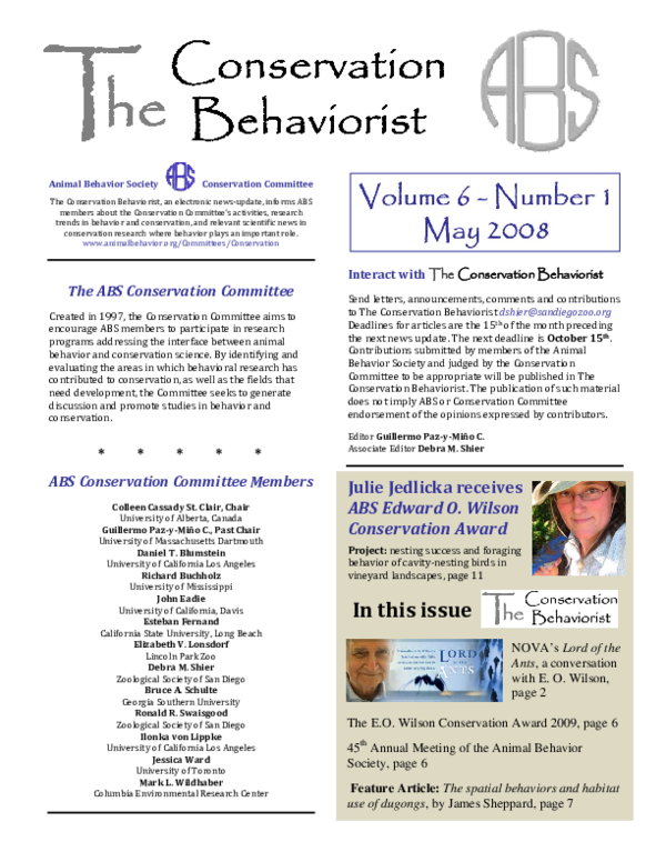 The Conservation Behaviorist Vol 6, No. 1 - Animal Behavior Society
